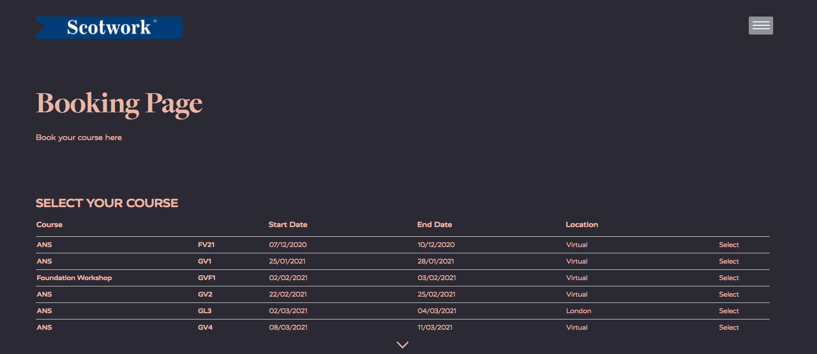 Booking page, Book your course here | Scotwork USA